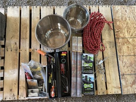 Dunkle Auction Services - (3) New Stainless Steel Buckets, Rope, Tool ...